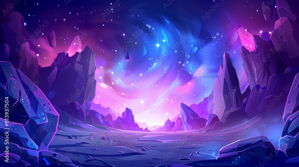 Space background, alien planet deserted landscape with deep clefts in ...