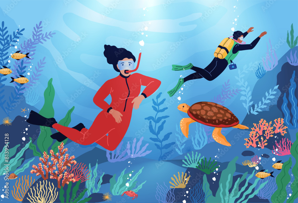 Image vectorielle Stock Ocean divers. Underwater sea snorkel in scuba ...
