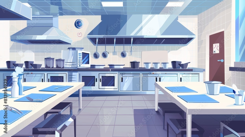 An illustration of a modern restaurant kitchen interior with a chef ...