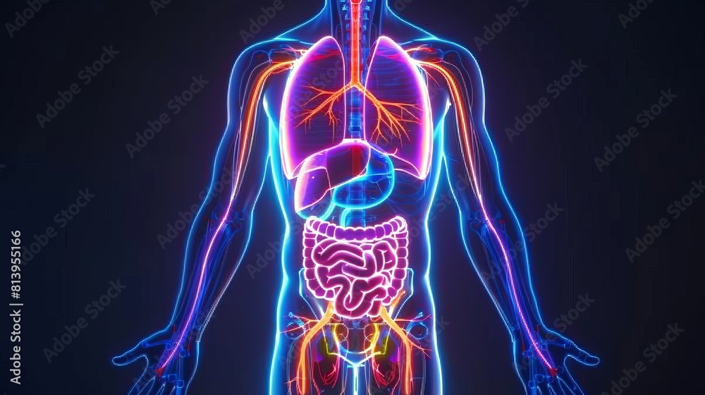 Full body digital illustration of human anatomy in neon colors ...