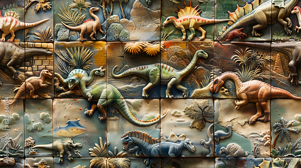 Stock-Illustration „Dinosaur Discovery Tiles: Vibrant Dinosaur Themed ...