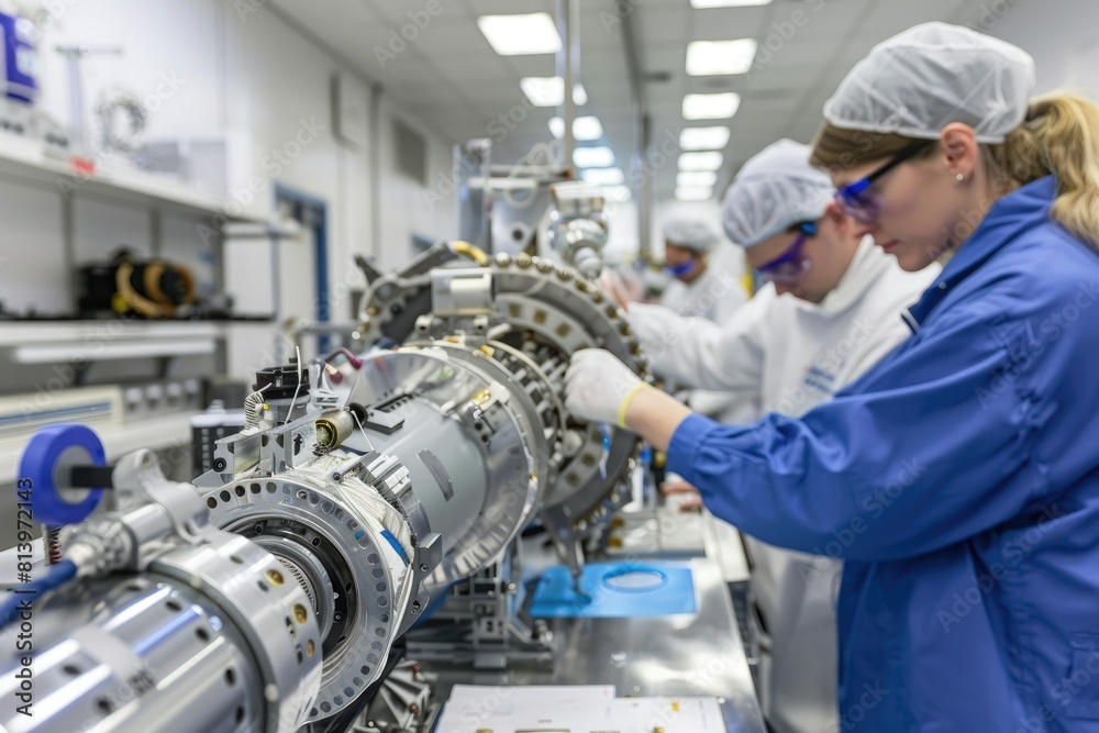 Technicians in cleanroom suits assembling sophisticated satellite ...