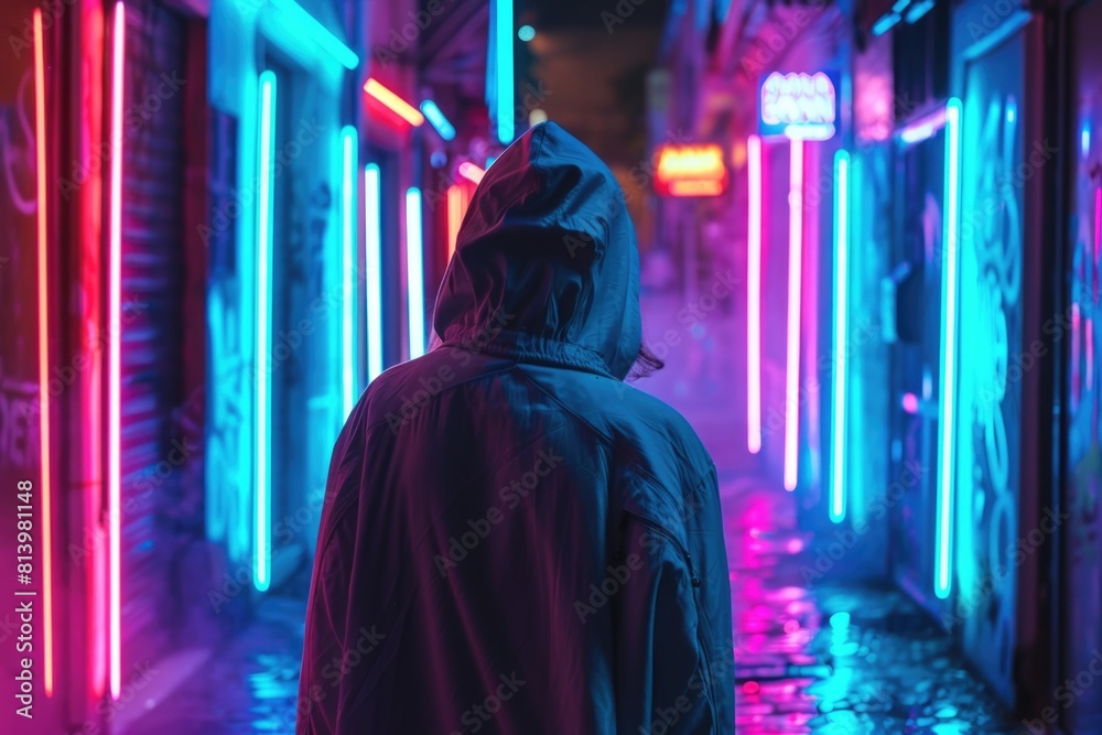 A mysterious figure standing in a dimly lit alleyway. Perfect for urban and suspense-themed ...