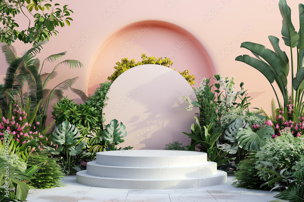 Showcase product podium with garden landscape front view emphasizing ...