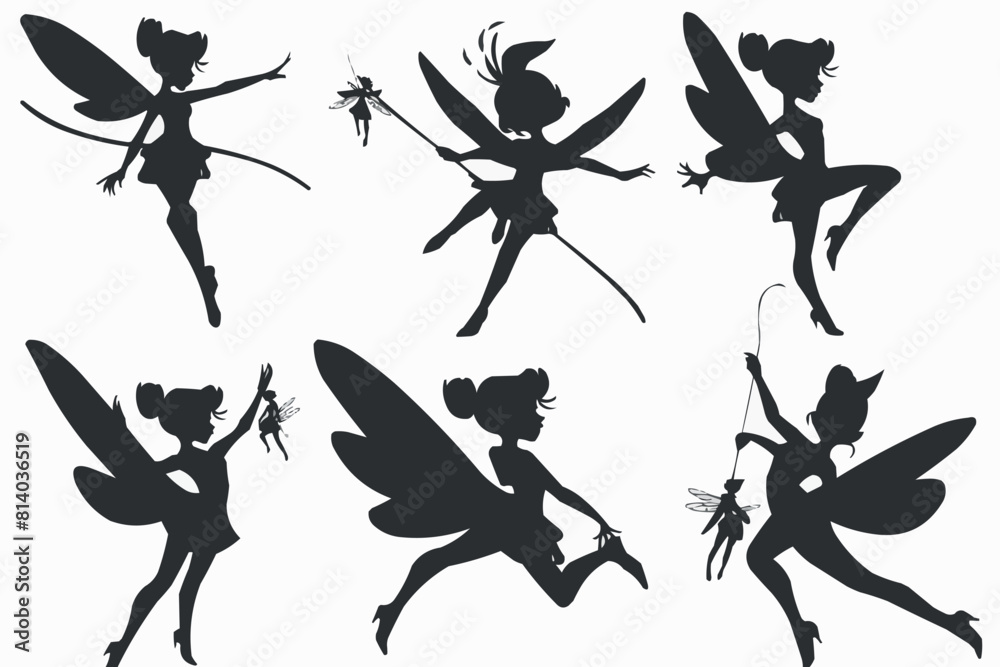 Cartoon magic fairy tale little fairies silhouettes. Magical little ...
