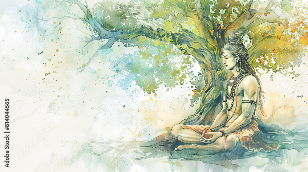 Beautiful digital painting of Lord lord Shiva meditating under a banyan ...