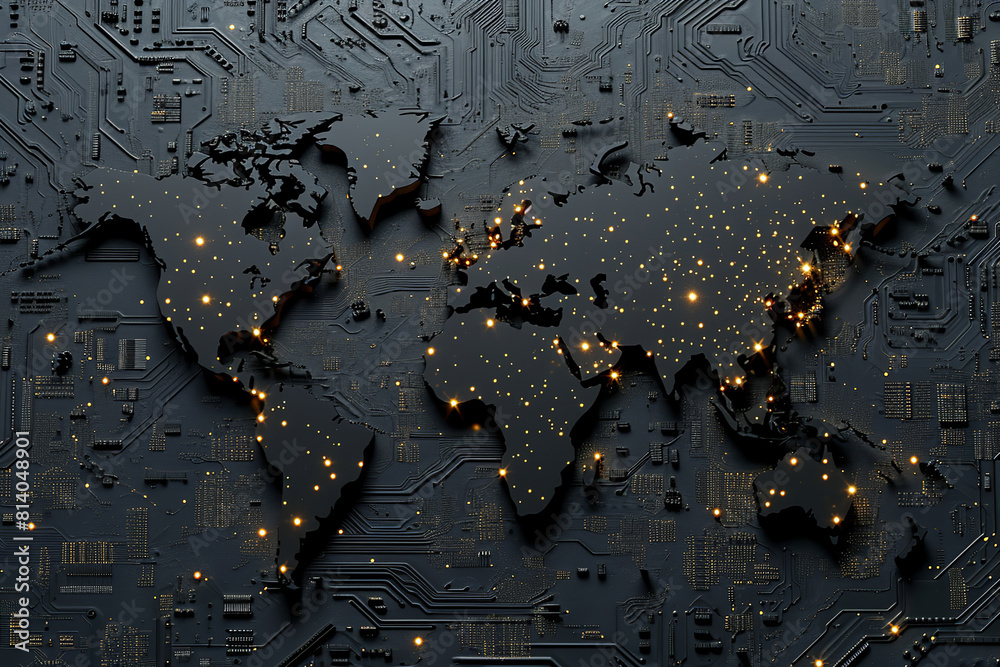 Light Glowing Grafit World Map on black background. Earth at night ...