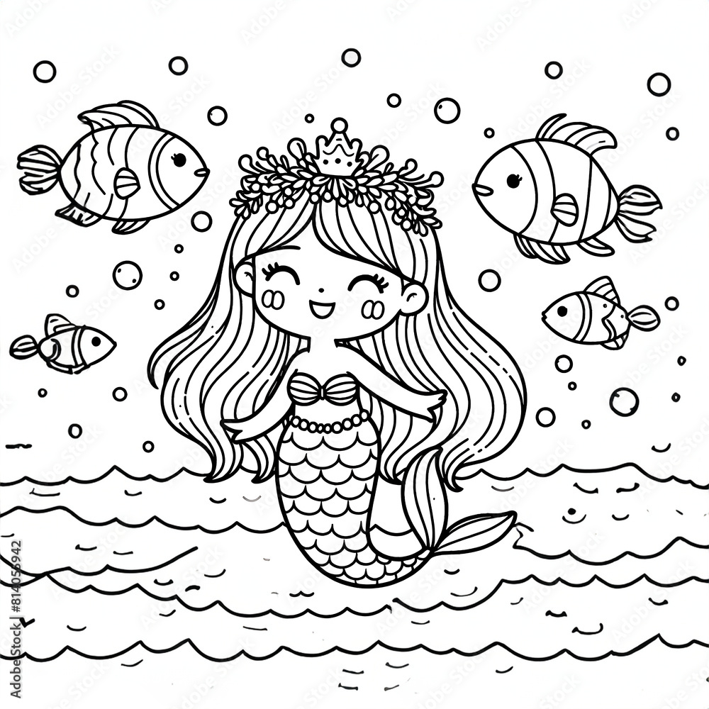 Coloring page with cute mermaid girl. Outline illustration. Black and ...