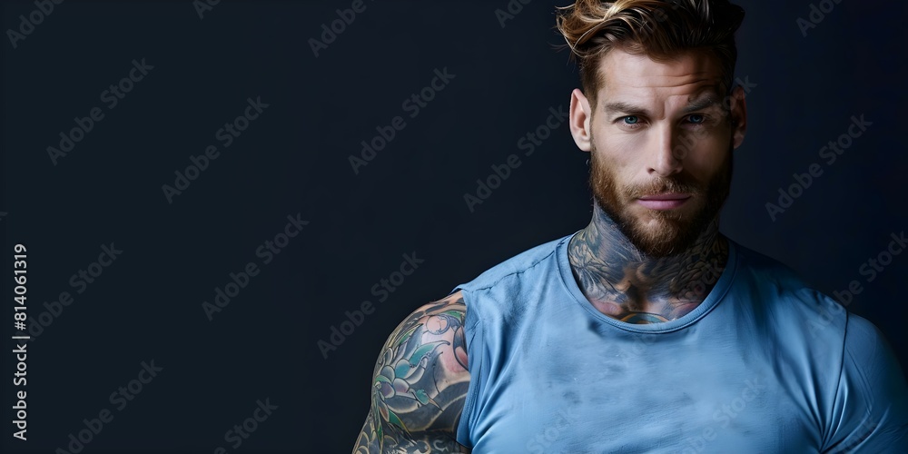 Muscular tattooed man exudes confidence against black backdrop. Concept ...