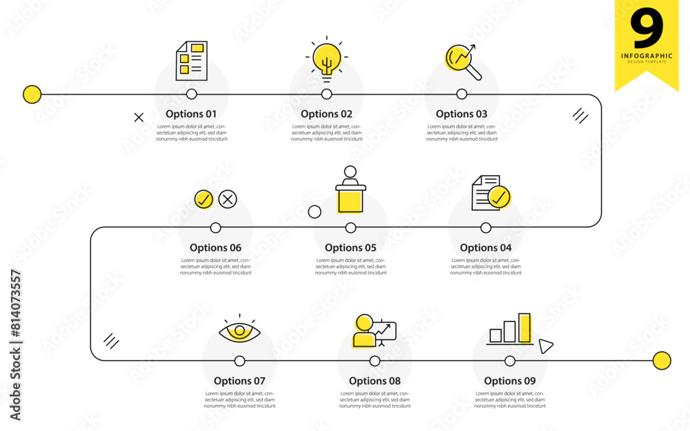 Infographic design template. Timeline concept with 9 options or steps ...