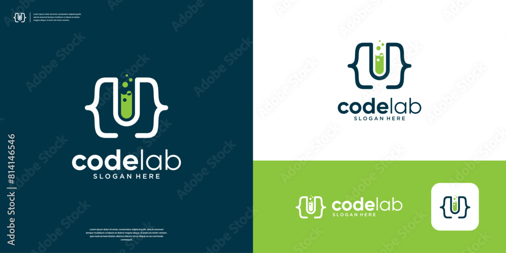 Code lab logo design inspiration. Combination of glass laboratory with ...