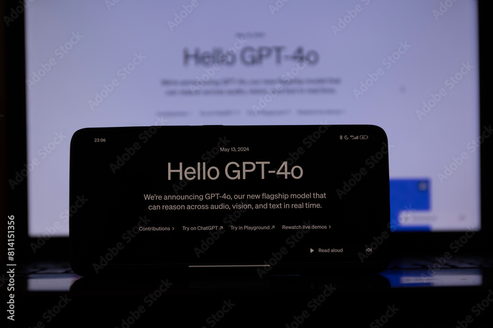 GPT-4o chat bot on mobile screen. New OpenAI flagship model that can reason across audio, vision ...