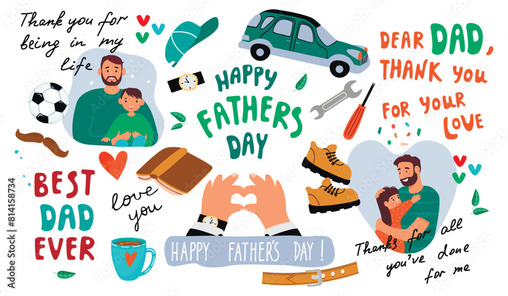 Happy Father's Day cartoon collection with hand written, dad with child ...