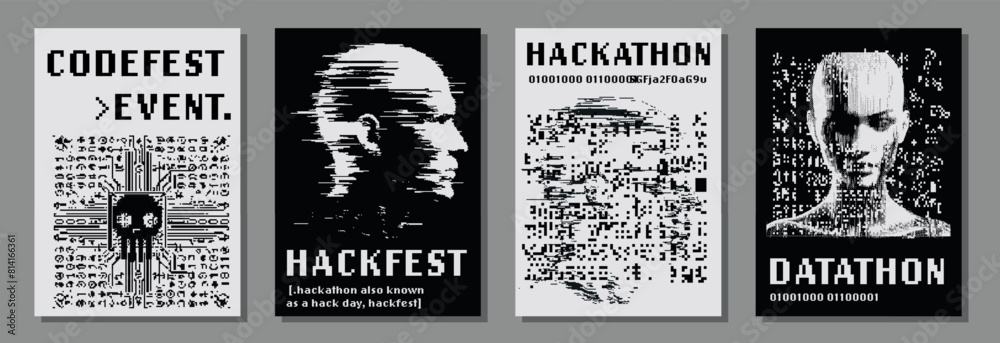 Set of retrofuturistic posters for hackathon (also known as a hack day ...