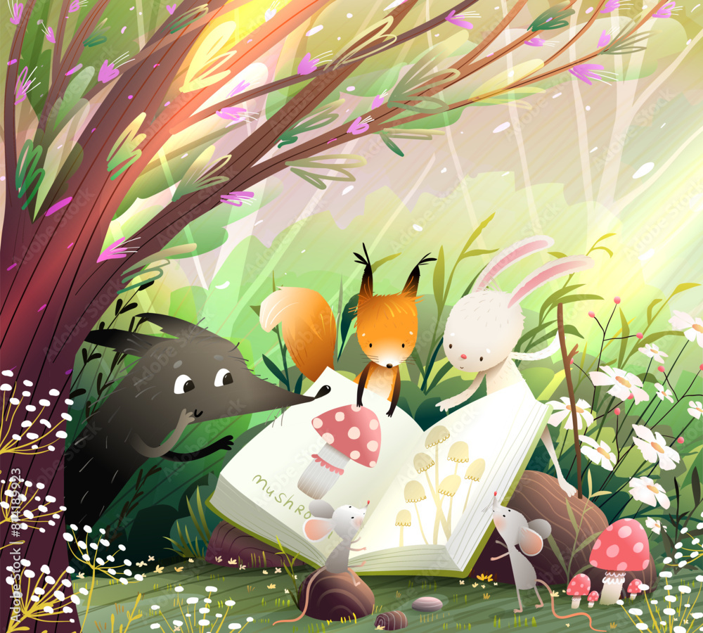 Friends animals reading book in forest sunlight. Rabbit mouse wolf and ...