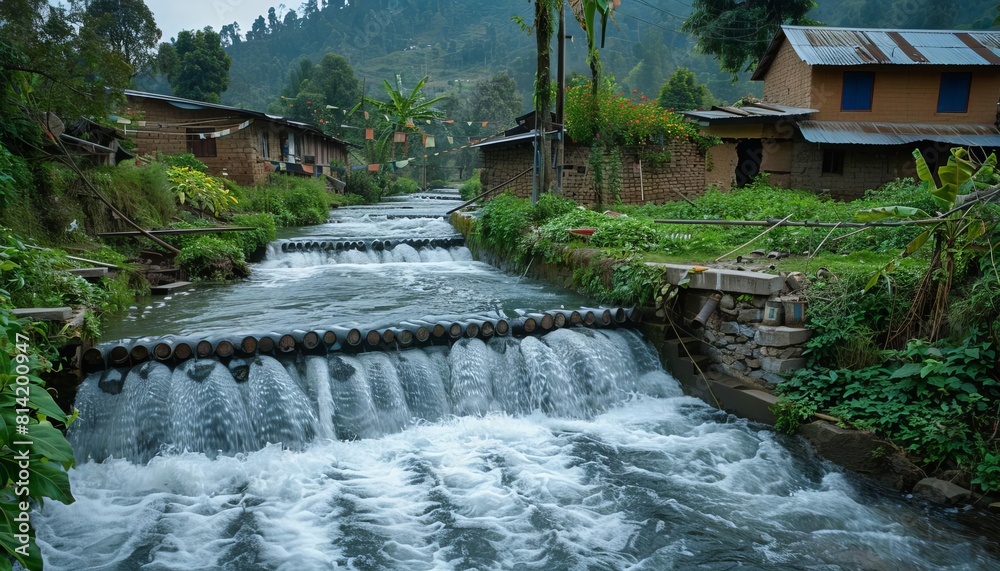 Show a rural community using a microhydro power system to generate ...