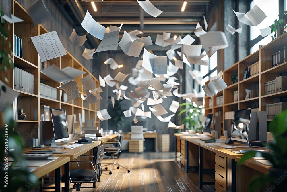 A creative depiction of a seamless workflow, with papers flying in a ...