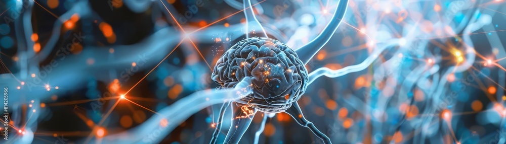 A neural network visualization overlaid on an image of a brain scan ...
