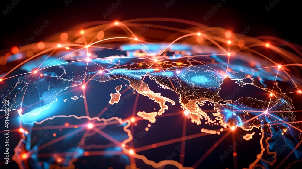 A high-resolution digital map featuring interactive global connections ...