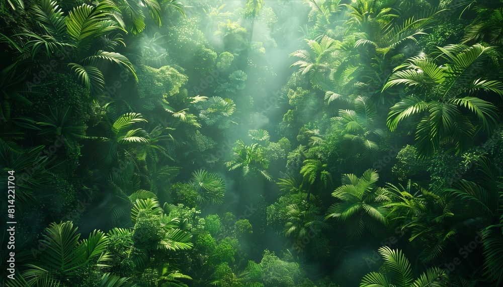 Visualize a dense tropical rainforest canopy seen from above ...