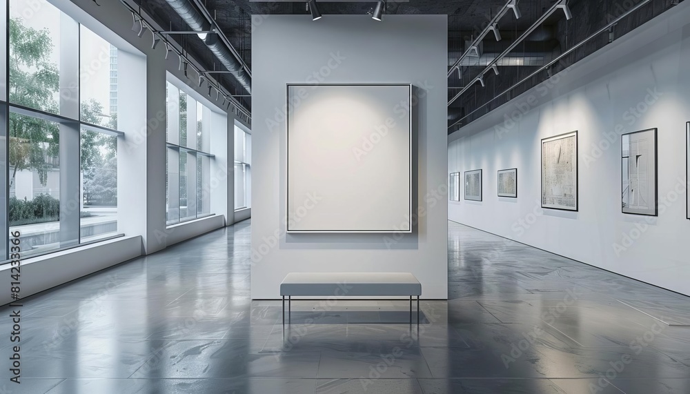 Visualize a modern art museum gallery with a blank frame on a white ...