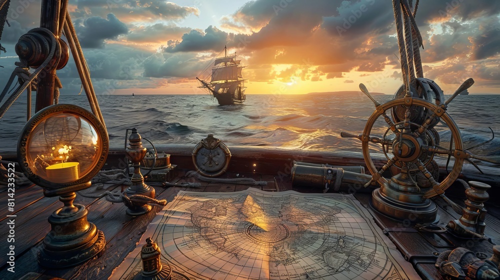 Visualize a navigator plotting a course on an ancient map, surrounded ...