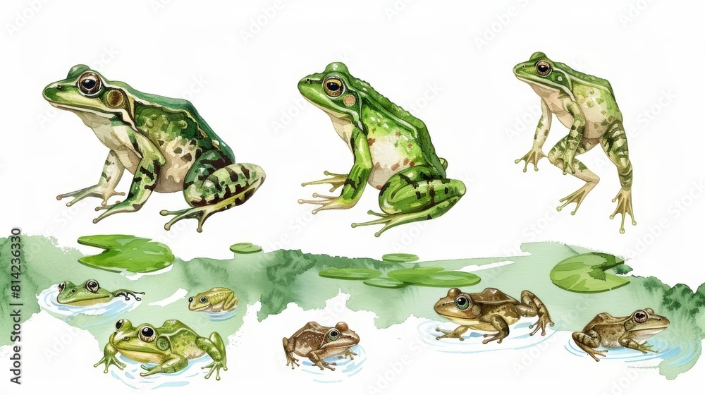 A set of watercolor illustrations of different stages of a frogs life ...