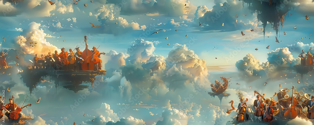 Illustrate a birds eye perspective of a symphony orchestra performing ...