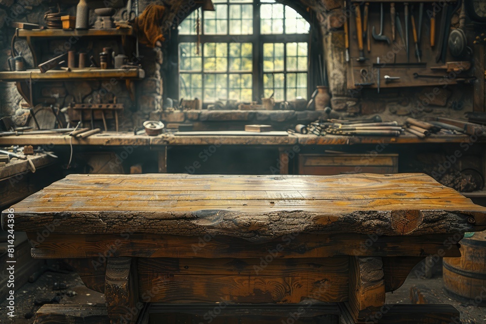 Workbench scene in a traditional craftsman's workshop, focused on the ...