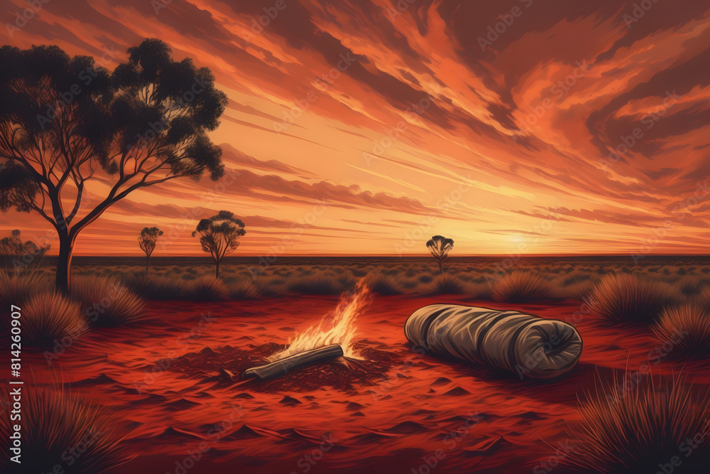 Charming illustration: Aussie Outback campsite with swag and campfire ...