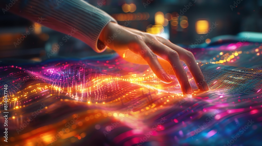 Designer using a magical touchscreen to weave fabric, front view, Weave ...