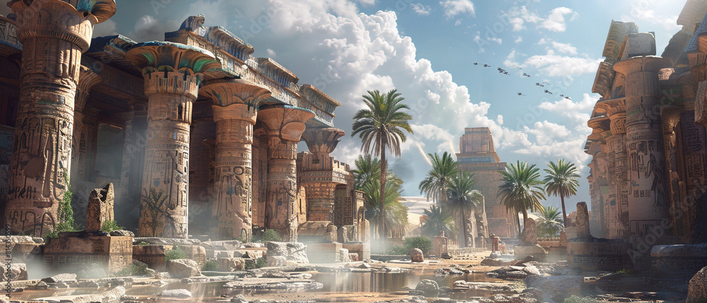 Ancient ruins powered by advanced energy sources, side view, Ancient ...