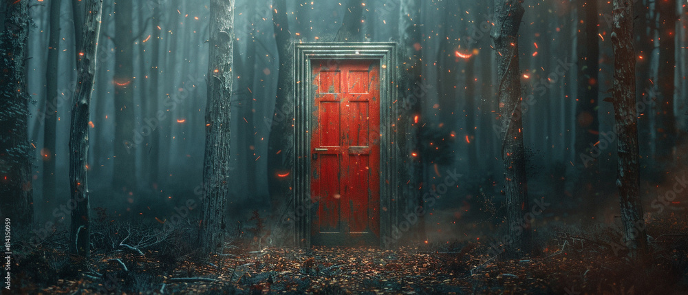Red door suspended in air with forest spirits around, side view ...