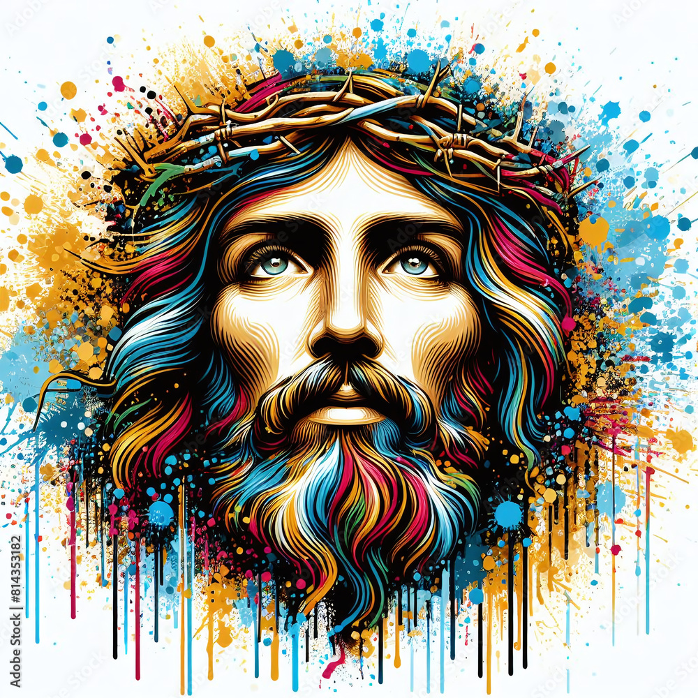 vector style illustration of Jesus Christ face, with splashes of color ...