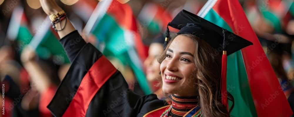 An international student waving her country s flag at her graduation ...