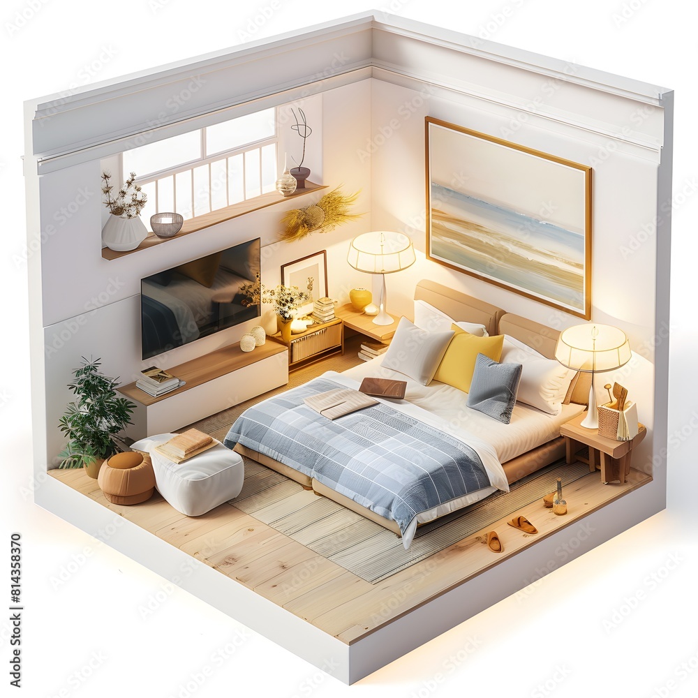 isometric cutaway of a minimal living room Coastal style interior ...