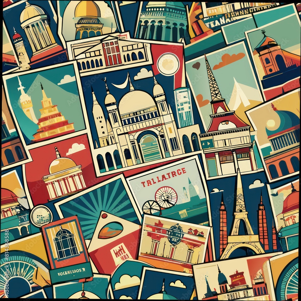 Seamless pattern of vintage postcards from around the world, each ...