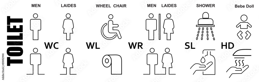 Toilet line icon set. WC sign. Man, woman, shower, mother with baby ...