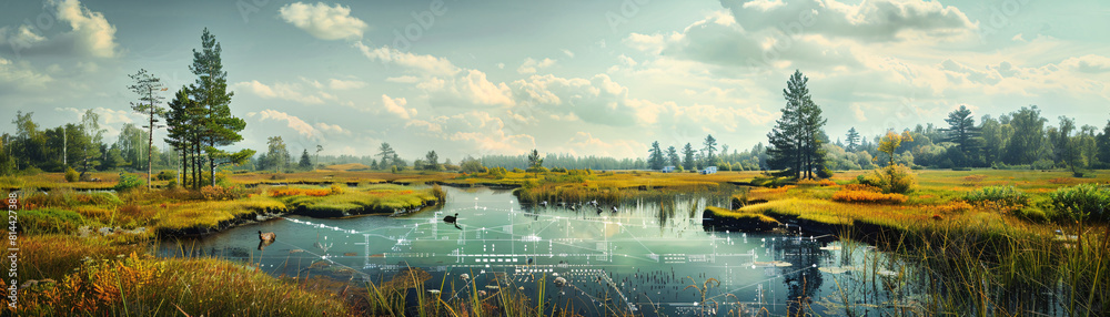 A broad view of a wetland ecosystem, teeming with wildlife, is overlaid ...