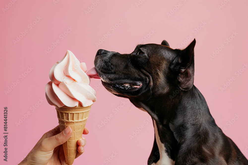 Side view of dog being fed soft serve ice cream in cone by human in ...