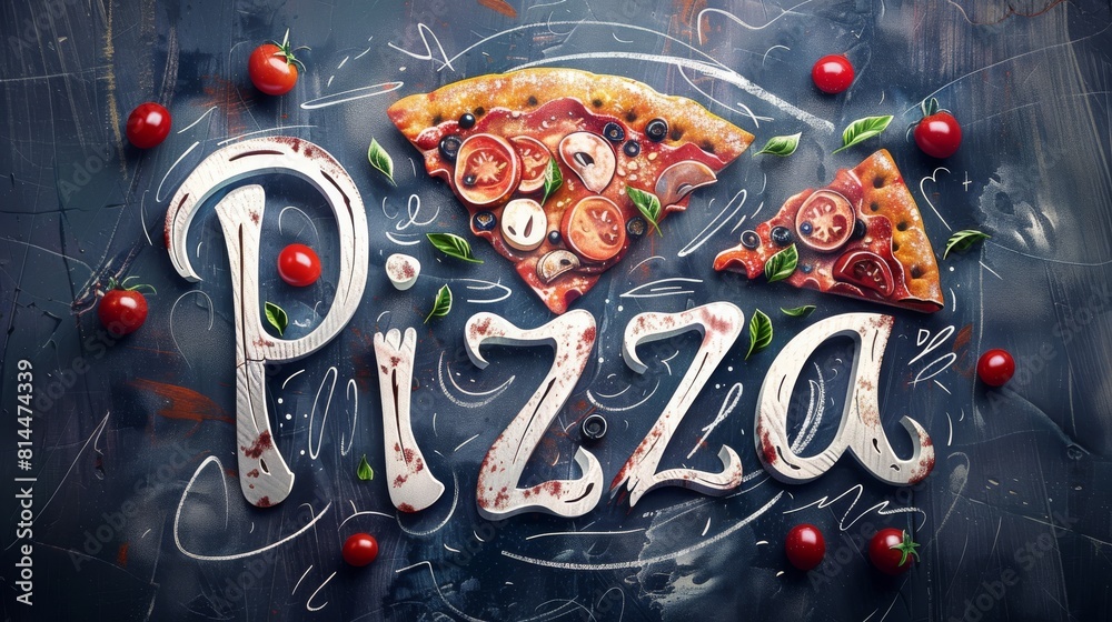 Calligraphy lettering - Pizza with pizza ingredients on black ...