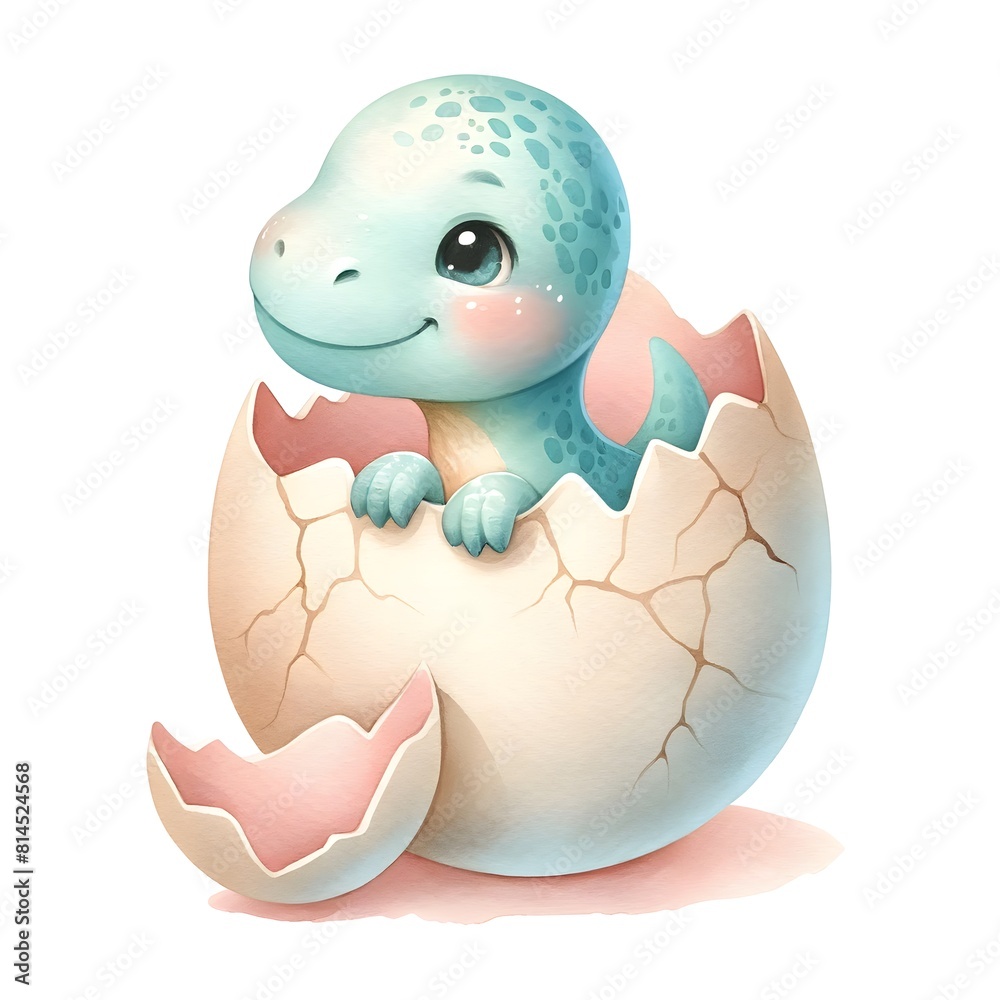 Adorable illustration of a baby dinosaur peeking out of a cracked egg, with a gentle smile and ...