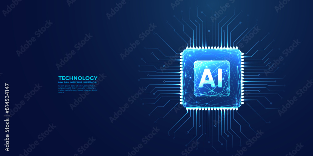 Ai chip top view on technology blue background. Light blue AI microchip ...