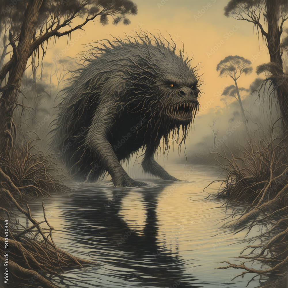 historic depiction of a bunyip, a mythical creature from Australian Aboriginal mythology, said ...
