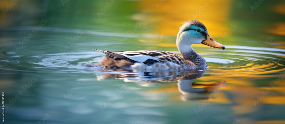 A wild duck gracefully glides through the tranquil waters of the serene ...