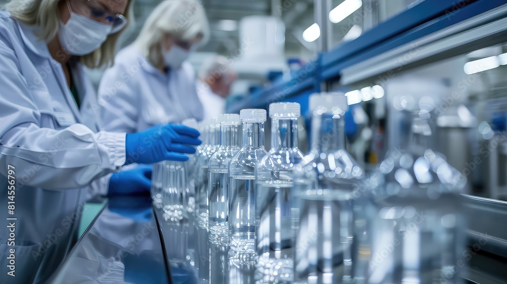 Quality control team conducting thorough inspections of glass bottles ...