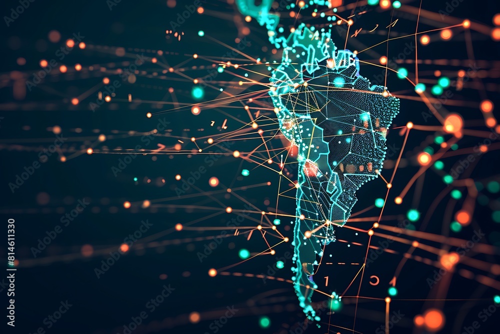 Abstract digital map of South America, concept of global network and ...