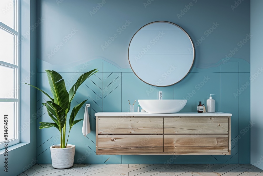 Side view on eco interior design of bathroom with wooden frame of round ...