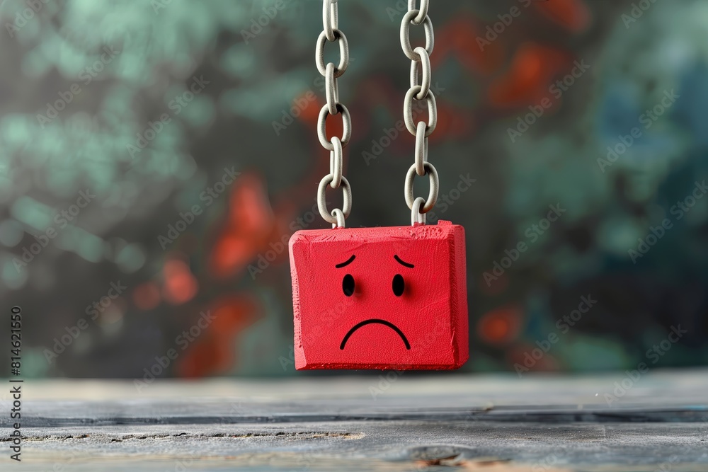 Mood. Emotions. Red cube with sad face emoji hanging on metal chain. A ...