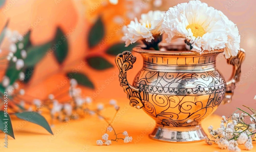 Traditional Indian pot kalash with marigold flowers on a yellow ...